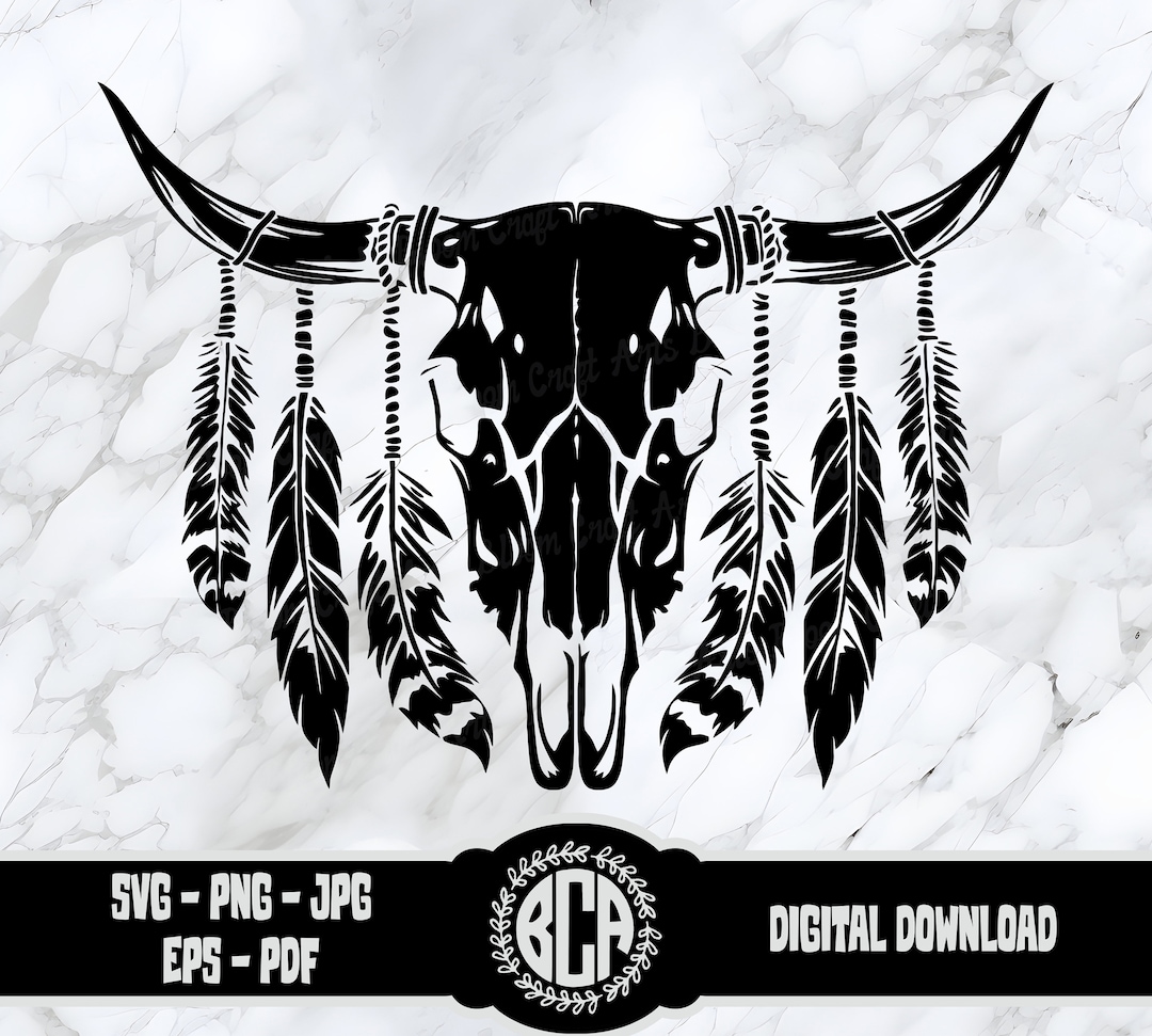 Boho Cow Skull SVG, Western Bull Skull Cut File, Longhorn Skull With ...