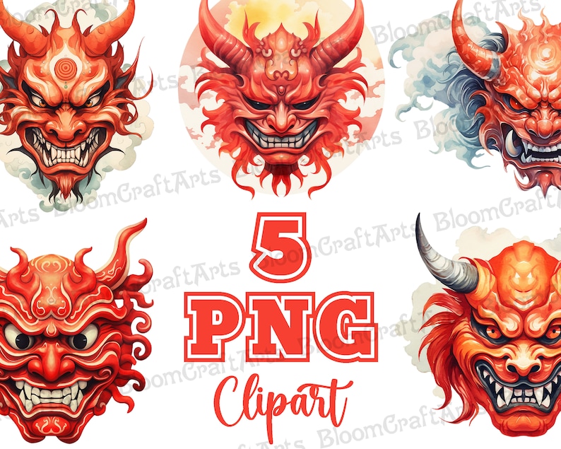 Red Oni Mask PNG Clipart Set, Watercolor Oni Mask Clip Art, Japanese ...