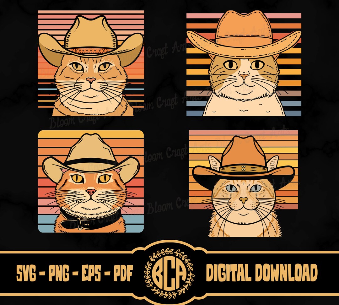 Retro Cowboy Cat SVG Bundle | Retro Cowboy Cats PNG Bundle | Rustic Cat ...