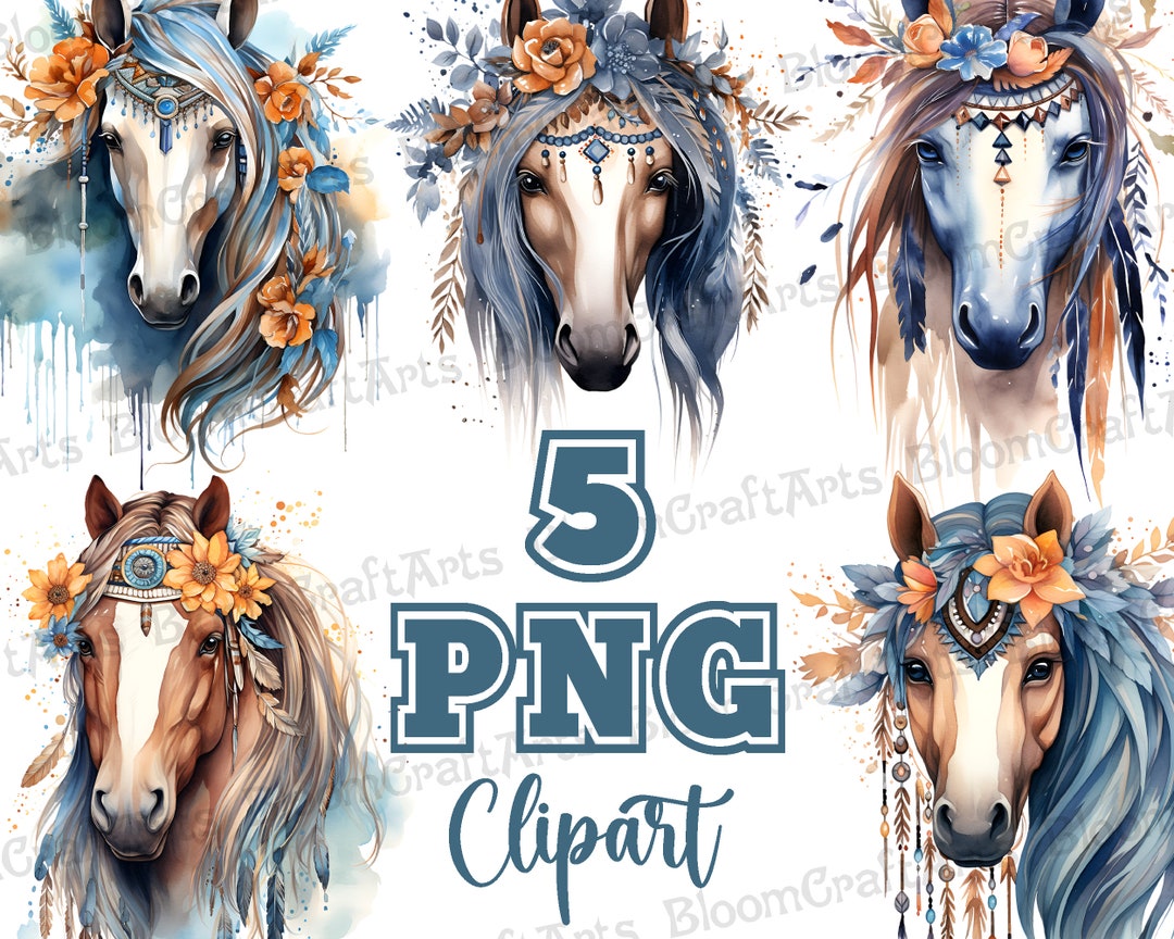 Watercolor Boho Horse Png Clipart Set, Beautiful Floral Horses With ...