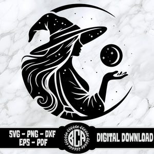 Halloween Witch SVG | Celestial Moon Witch Silhouette | Mystic Witch ...