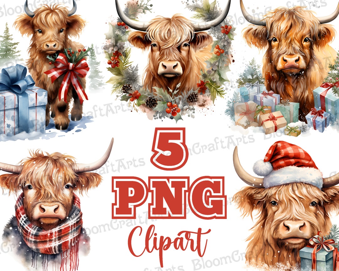 Christmas Highland Cow Clipart PNG Set, Festive Highland Cattle, Xmas ...