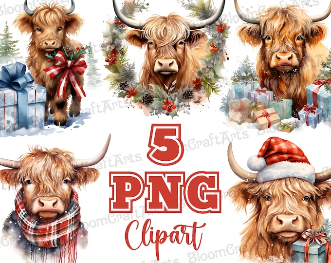 Christmas Highland Cow Clipart PNG Set, Festive Highland Cattle, Xmas ...