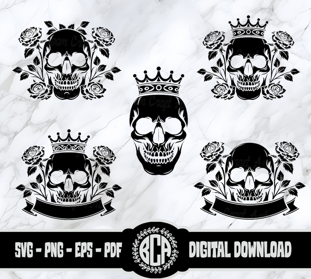 Gothic Skull SVG Bundle | Crowned Skull and Roses SVG Files | Crowned ...