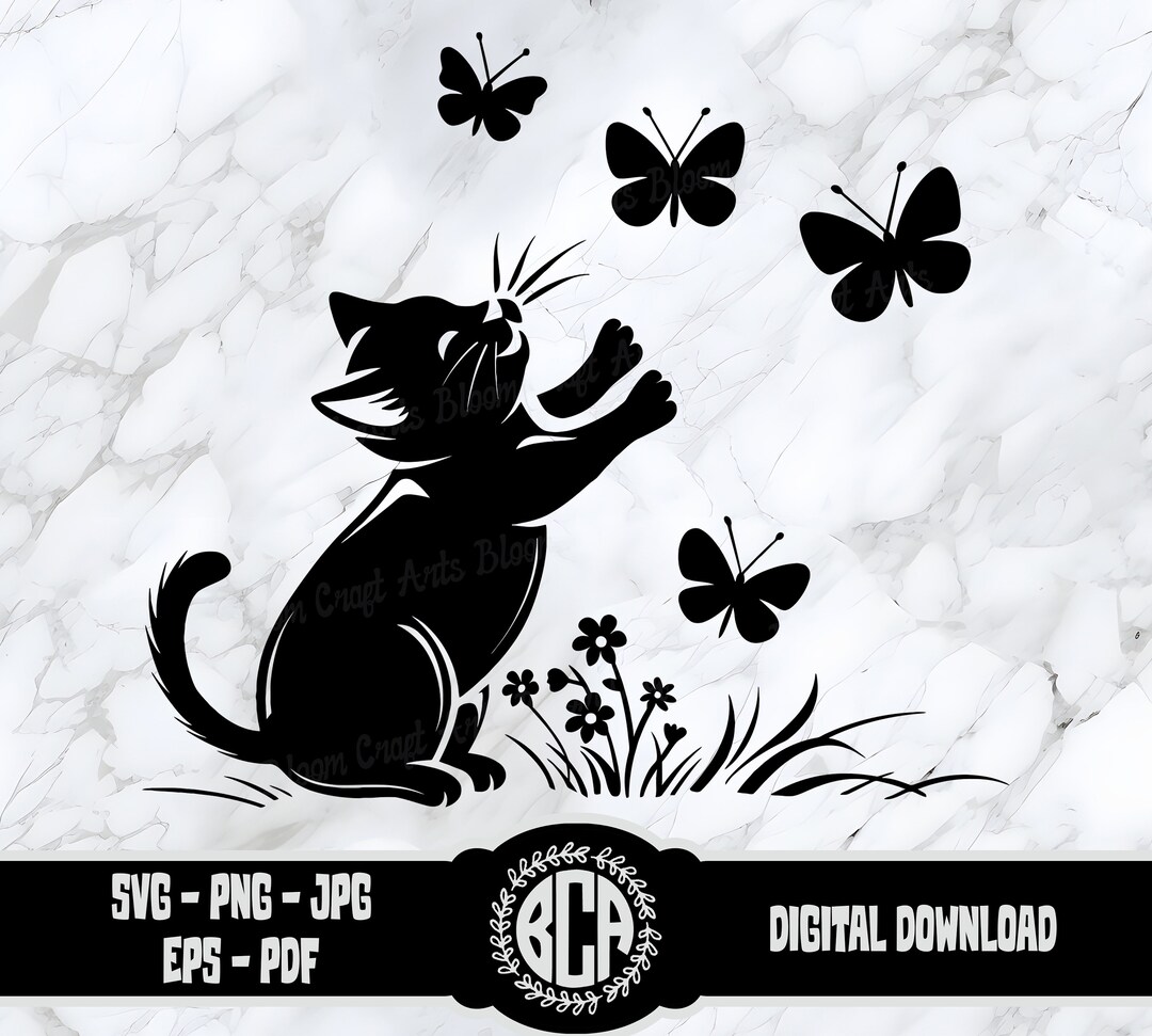 Verspielte Katze mit Schmetterlings-Svg, süße Katzen-Svg-Dateien zum ...