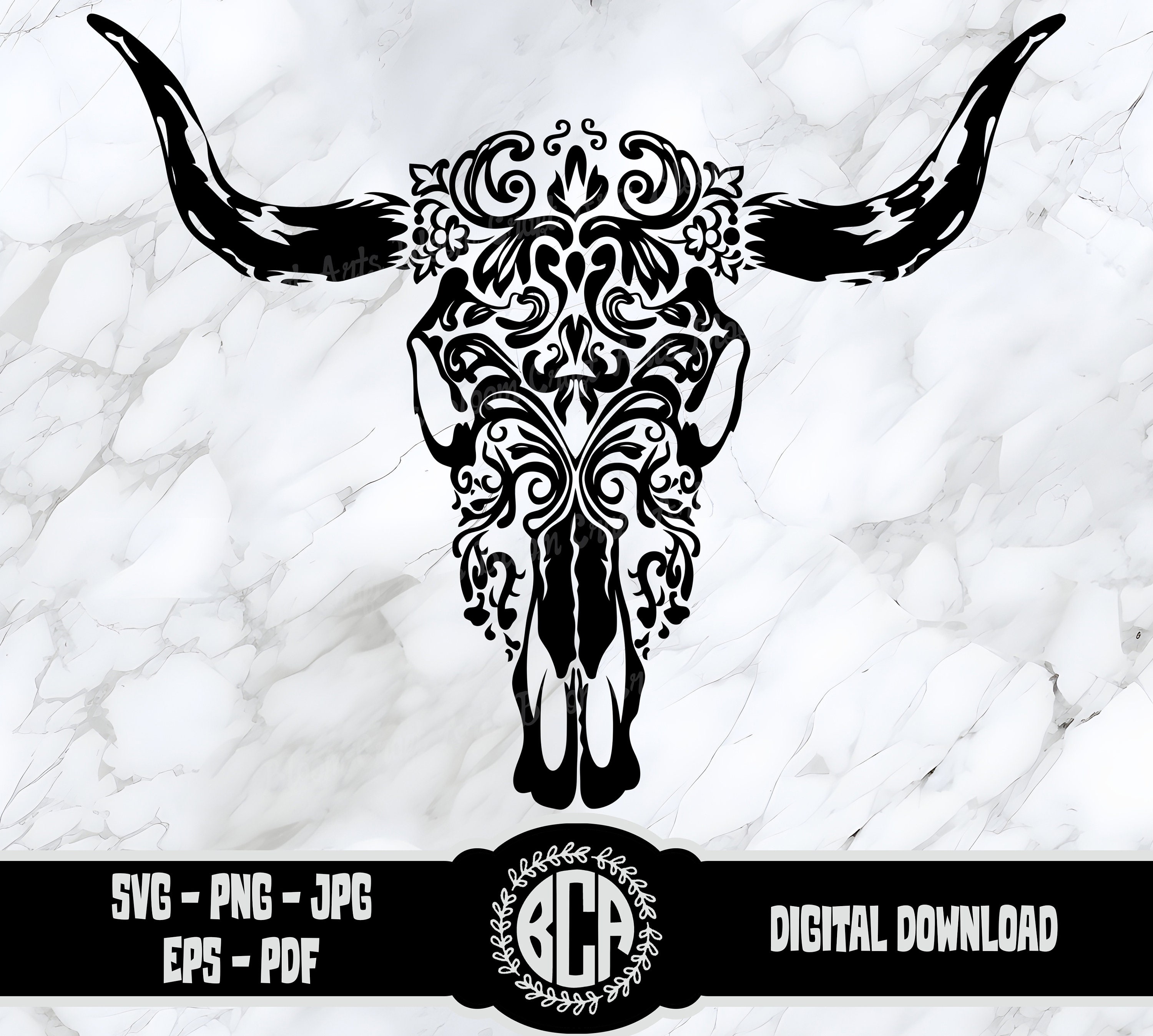 Ornate Cow Skull Svg/png/jpg/eps/pdf, Boho Bull Skull Design Digital ...