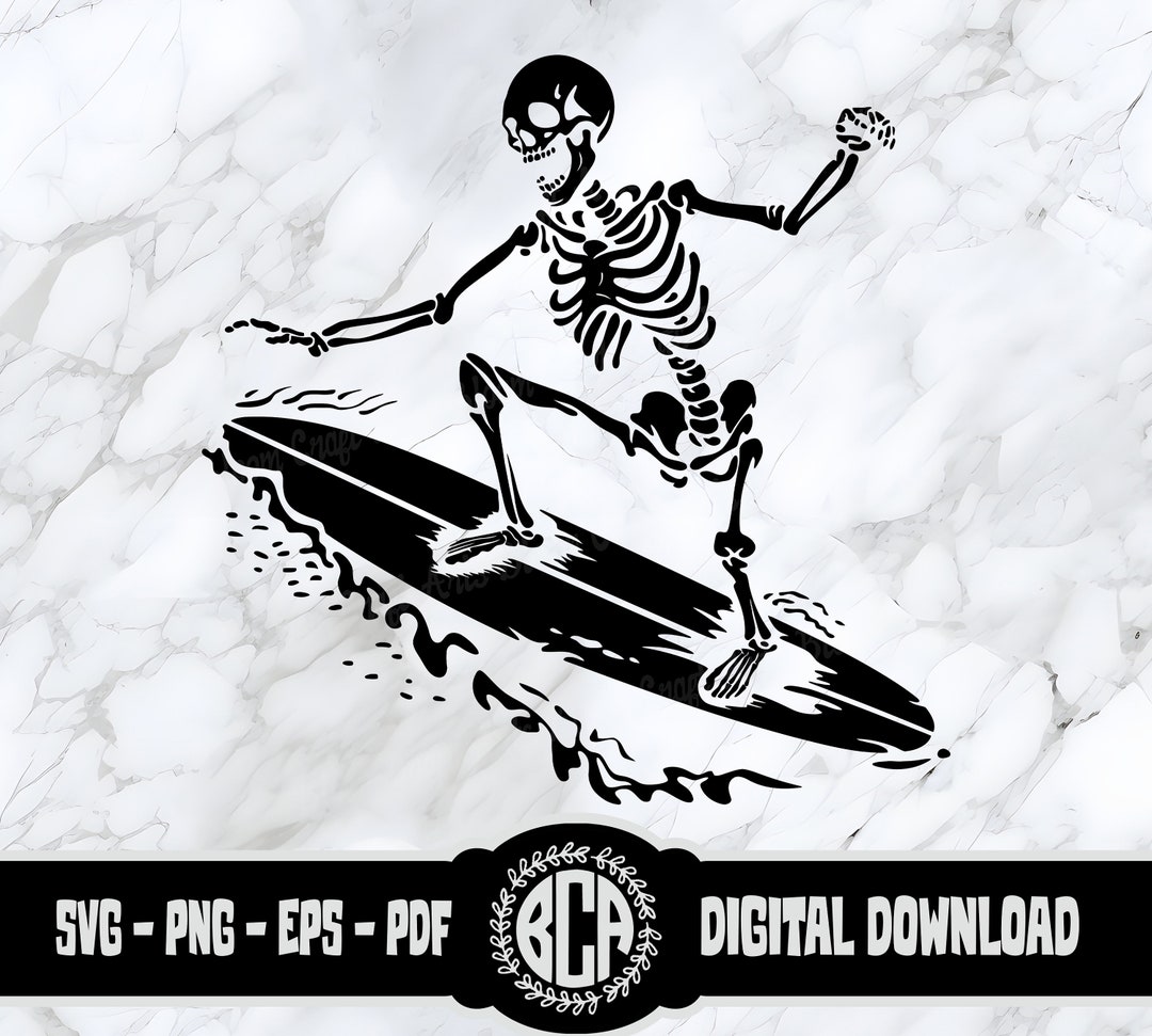 Skeleton Surfer SVG | Skeleton Riding Surfboard SVG | Tropical Skeleton ...