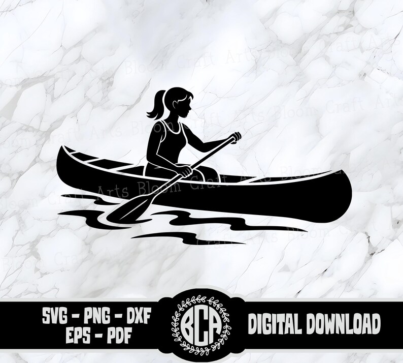 Canoe Woman SVG Side View Silhouette With Water Waves Canoeing Design ...