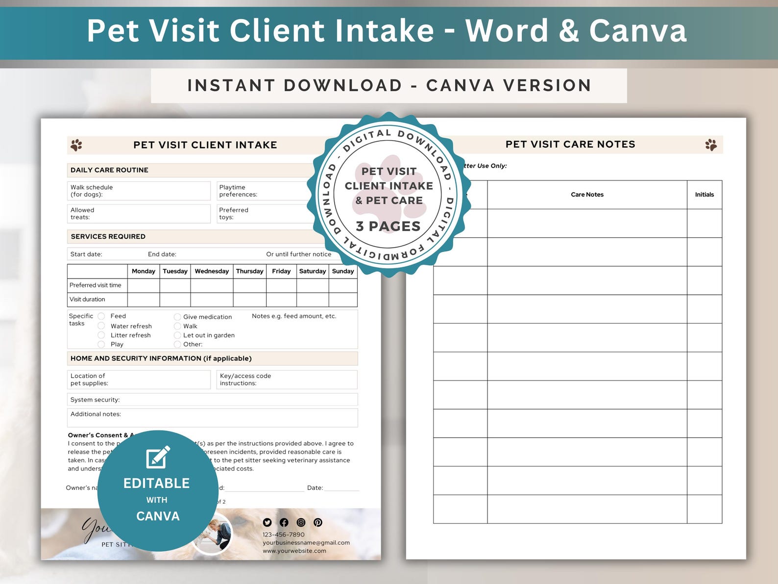 Pet Visit Client Intake Form: Editable Pet Sitter Checklist (canva ...