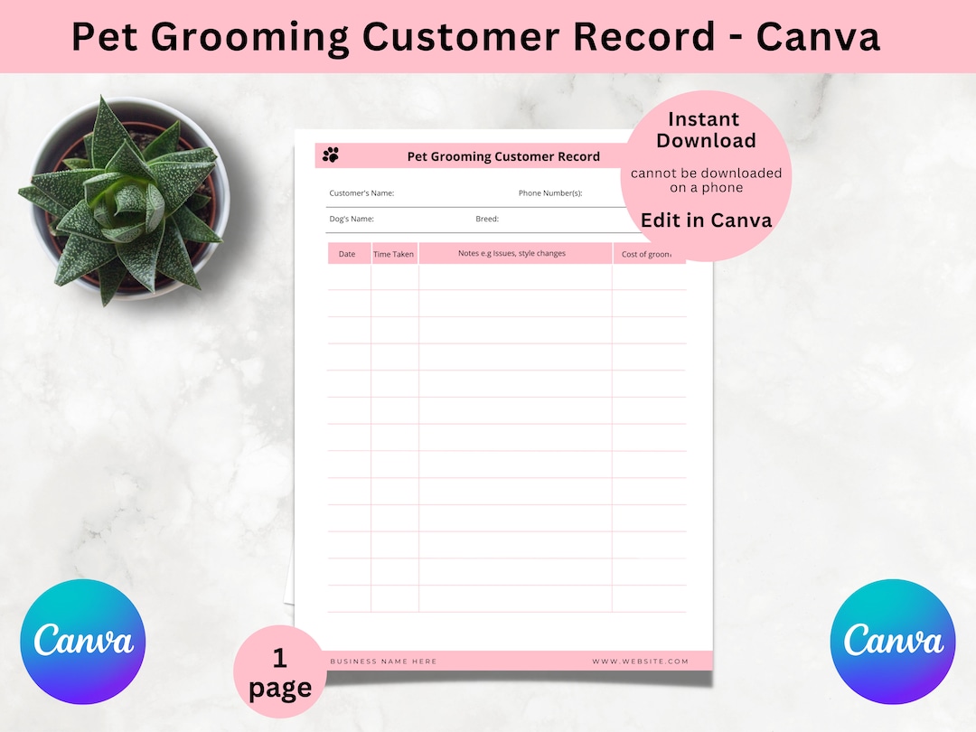 Dog Groom Form pink Canva Dog Grooming Record Card Template Pet ...