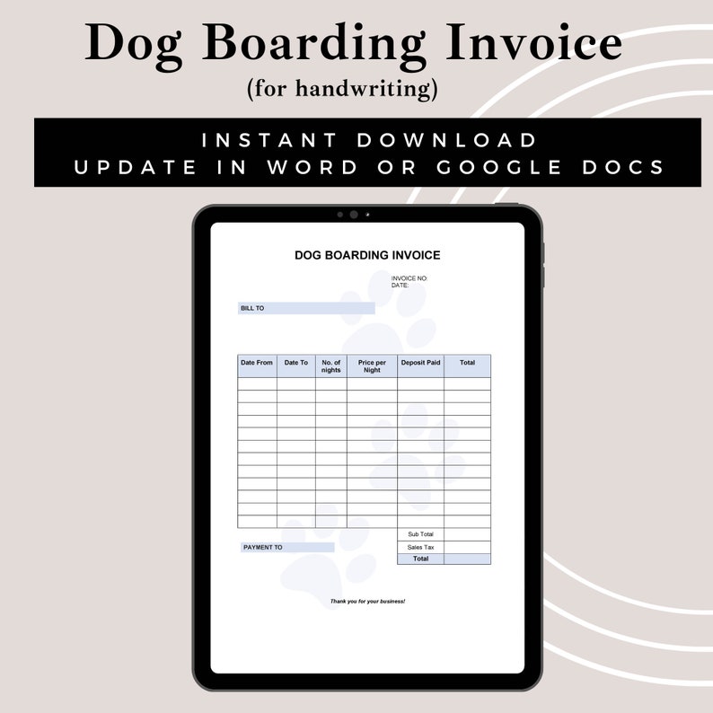 Dog Boarding Invoice Template blue Word Editable Invoice PDF Printable ...
