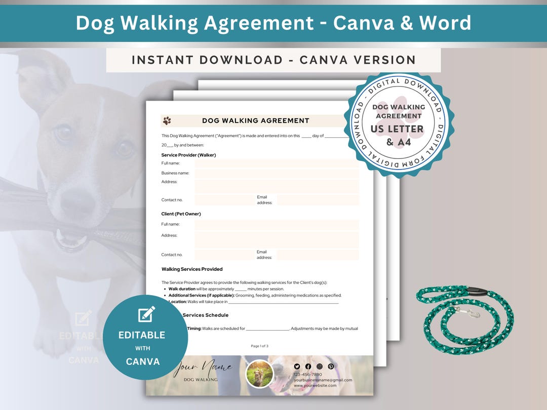Dog Walking Service Agreement Dog Walker Includes Dog Walking Liability ...
