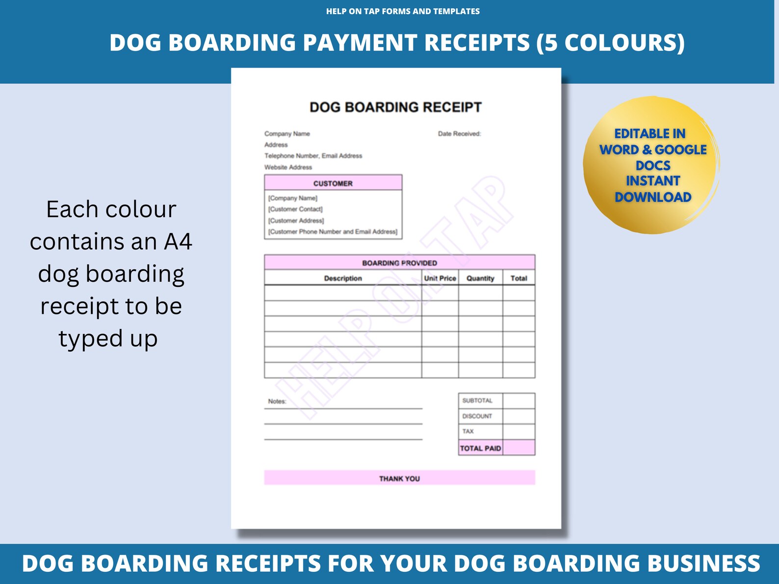 Dog Boarding Receipt Printable | Dog Boarding Deposit Receipt | Simple ...