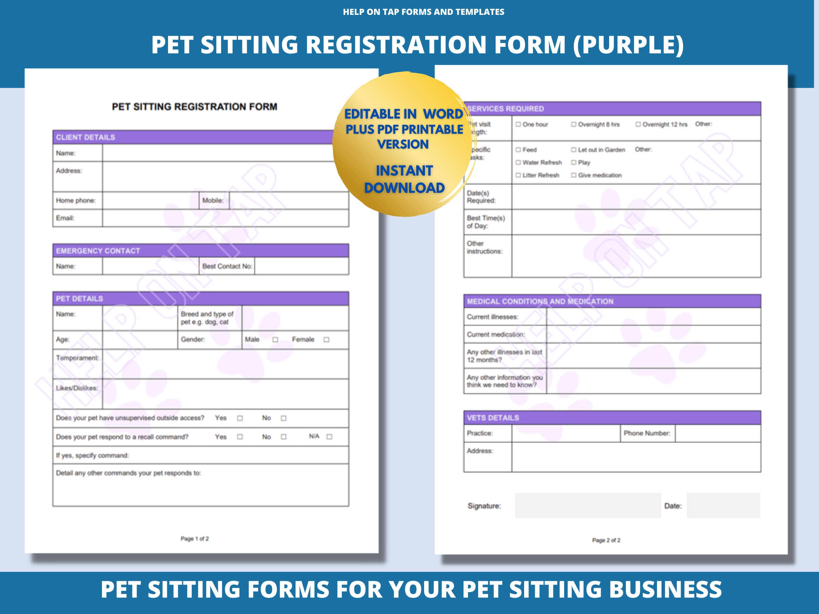 Pet Sitting Registration Form purple Pet Sitting Services Form Pet ...