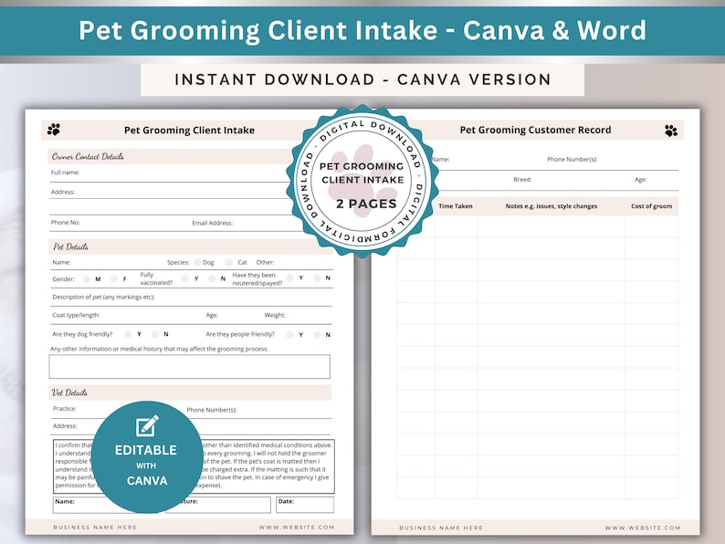 Dog Grooming Client Intake Form: Editable Template (canva, Word, Google ...
