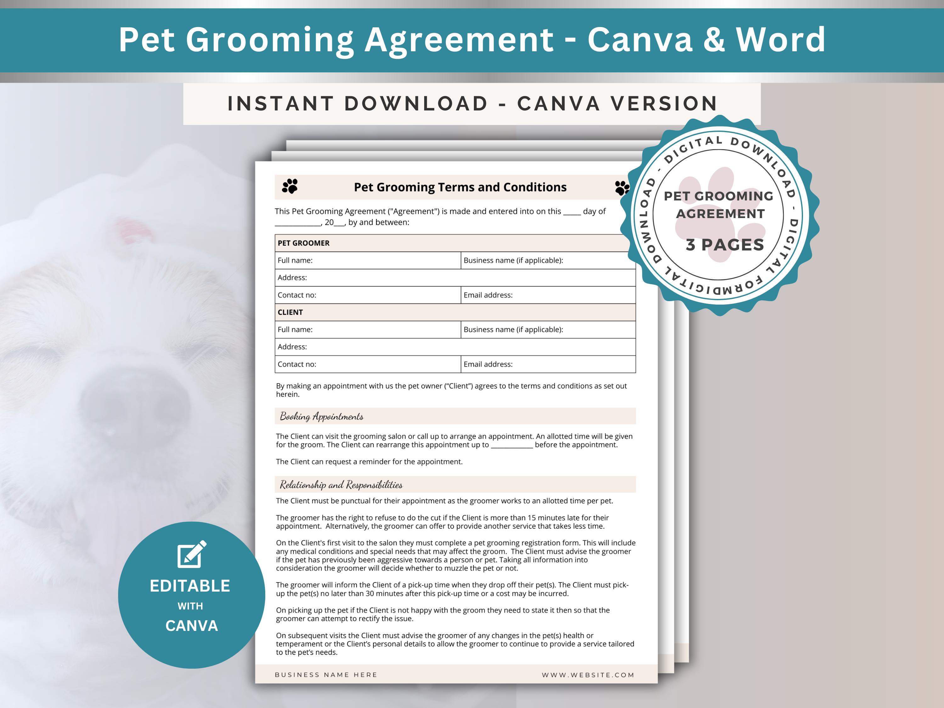 Dog Grooming Contract Template: Editable Pet Groomer Agreement (canva ...