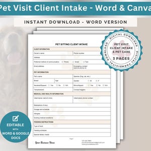 Pet Visit Client Intake Form: Editable Pet Sitter Checklist (canva ...