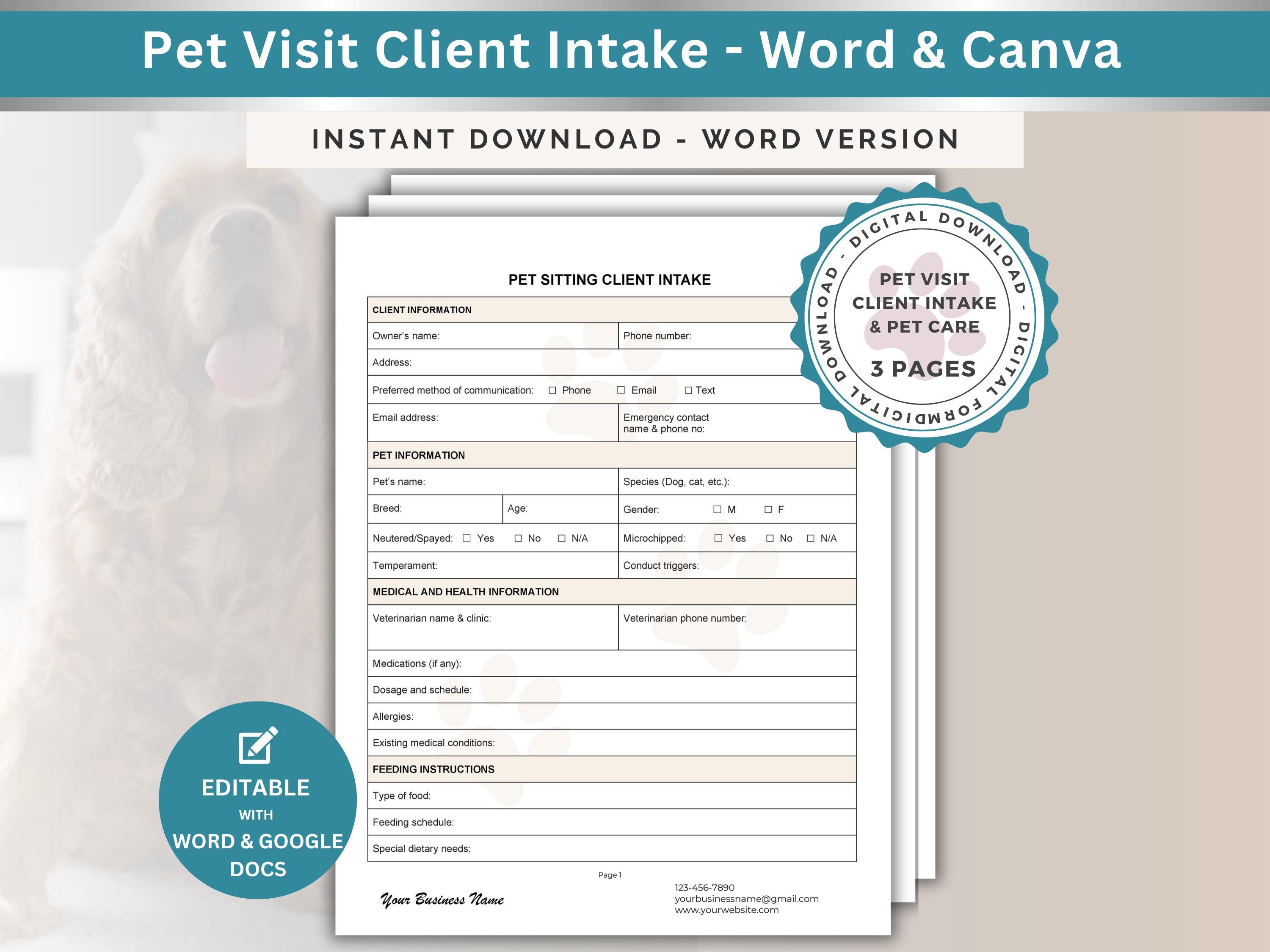 Pet Visit Client Intake Form: Editable Pet Sitter Checklist (canva ...