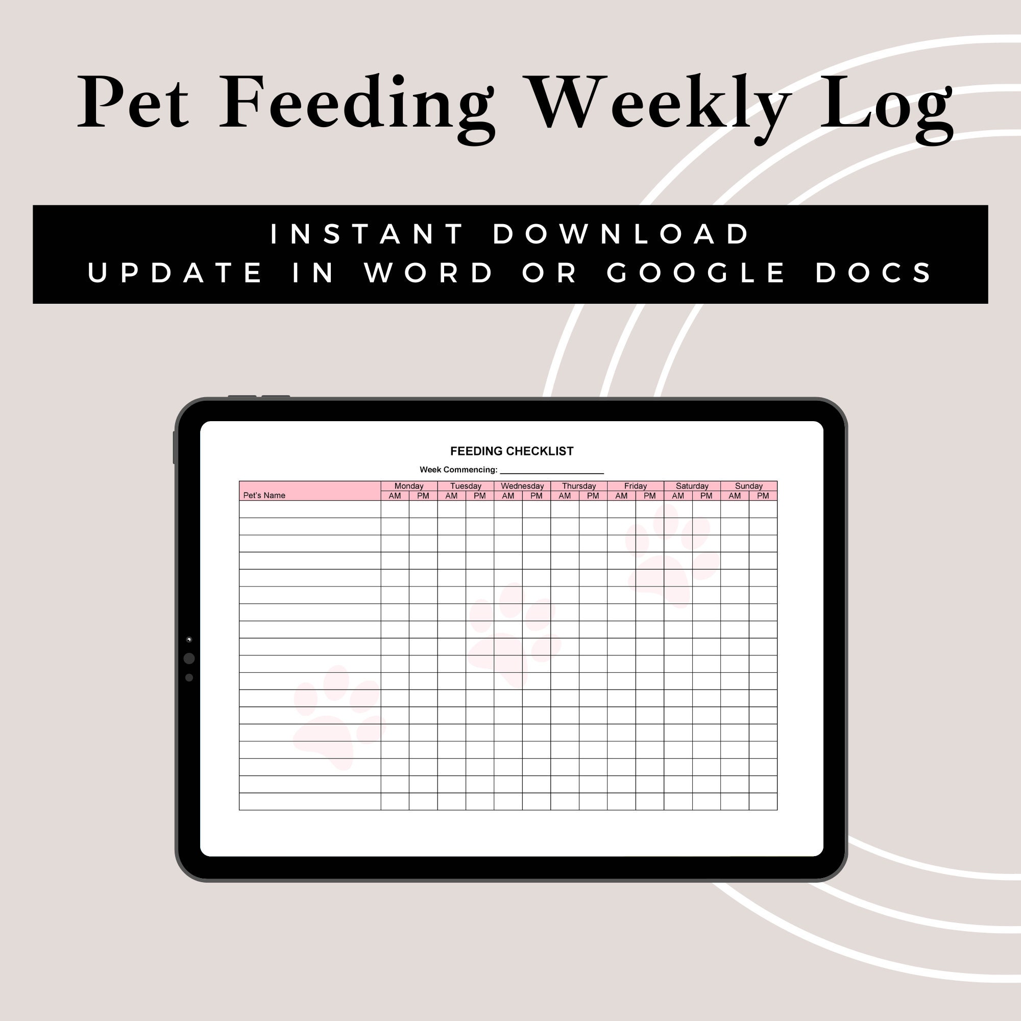 Pet Feeding Weekly Log (pink) | Pet Feeding Tracking | Dog Feed ...