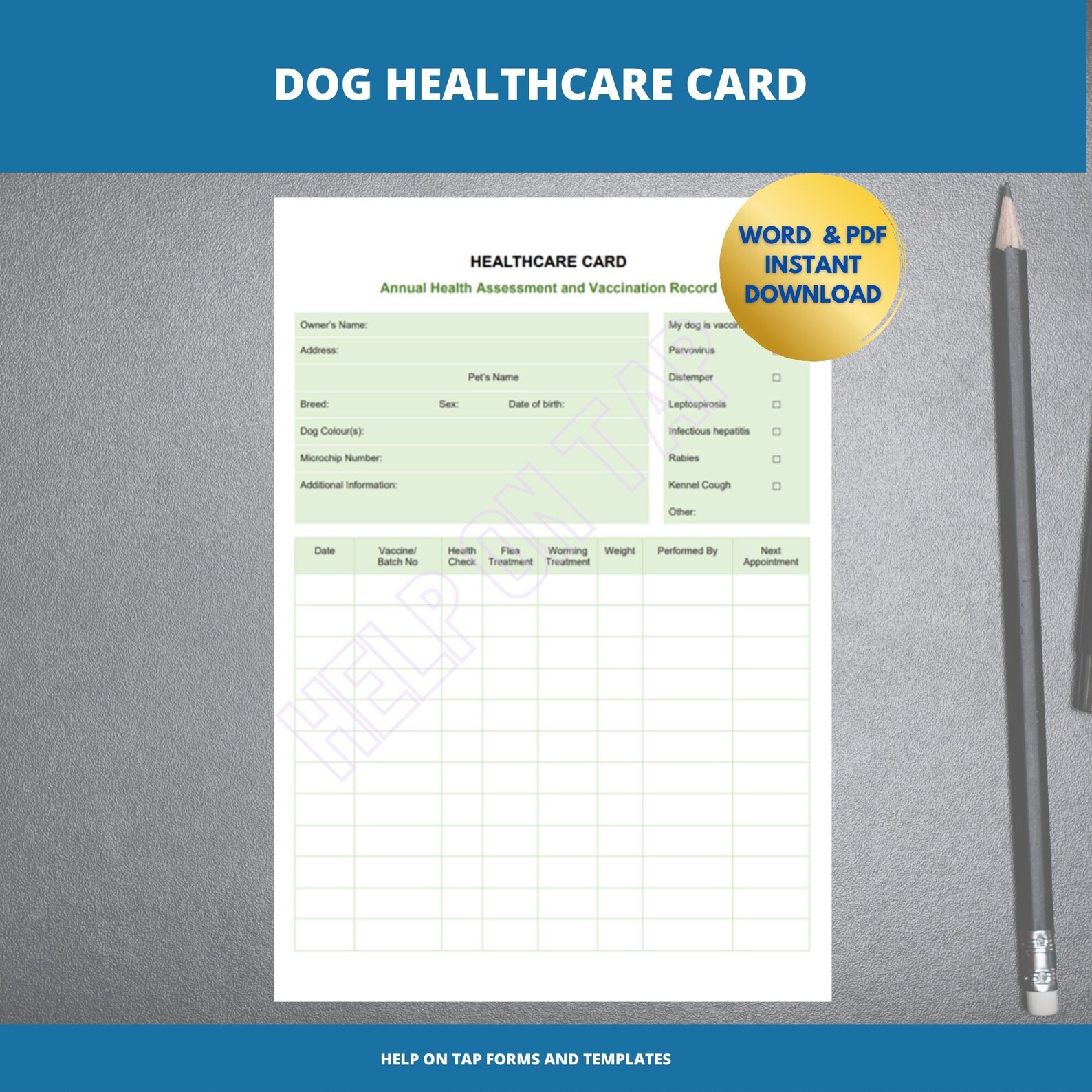 Dog Healthcare Card Word PDF Printable Dog Healthcare Log Dog ...