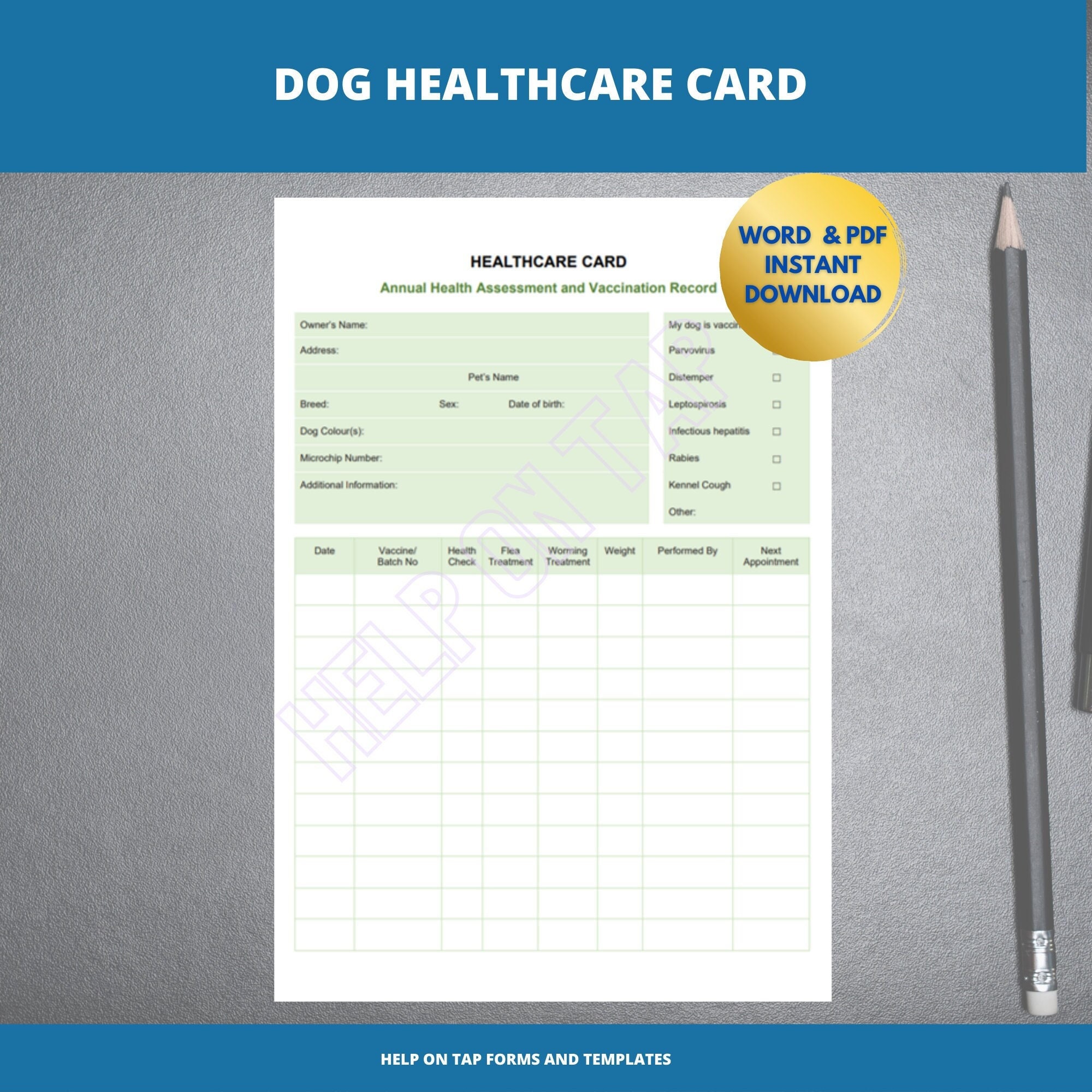 Dog Healthcare Card Word PDF Printable Dog Healthcare Log Dog ...