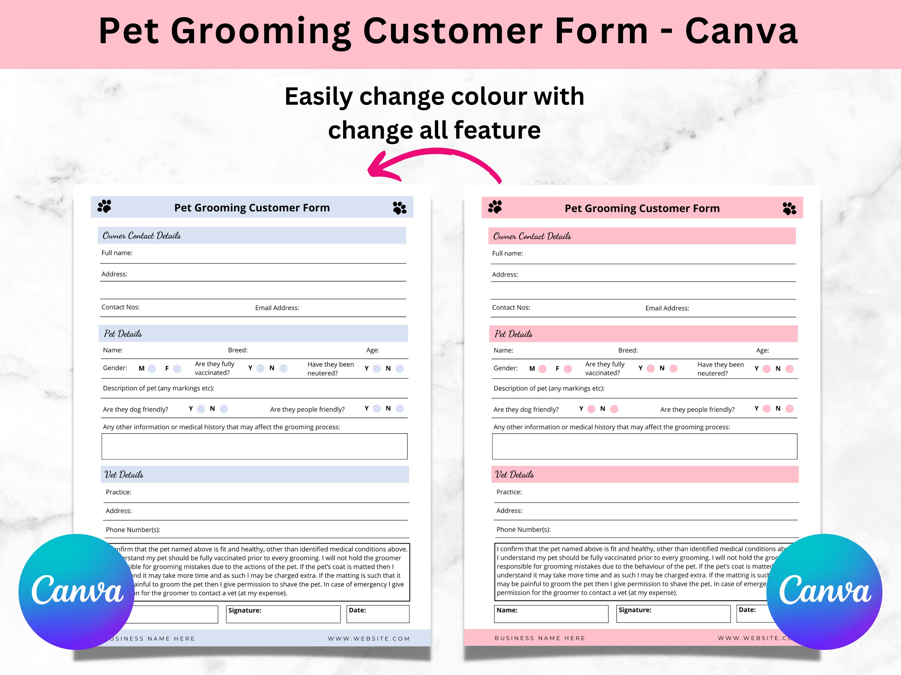 Dog Groom Form pink Canva Pet Groom Consent Form Pet Groom Client Form ...