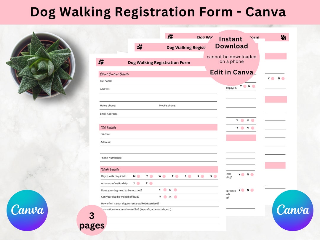 Dog Walking Form (pink) - Canva | Dog Services Form | Dog Walking ...