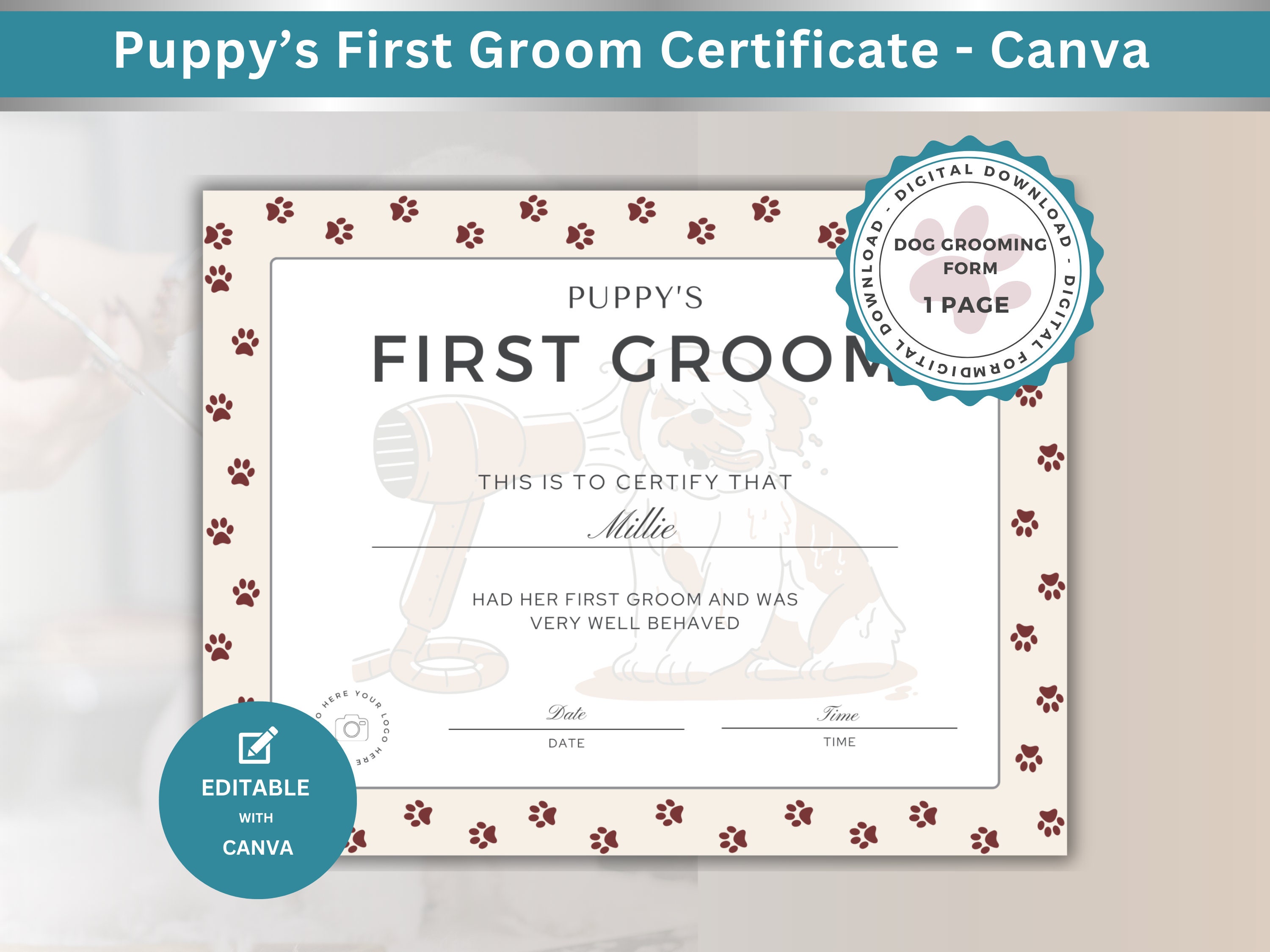 Puppy First Groom Certificate Template Form for a Pet Groomer for a ...