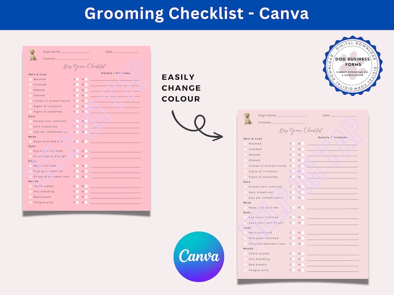 Dog Checklist for Groomer (pink) - Canva | Dog Grooming Checklist | Pet ...