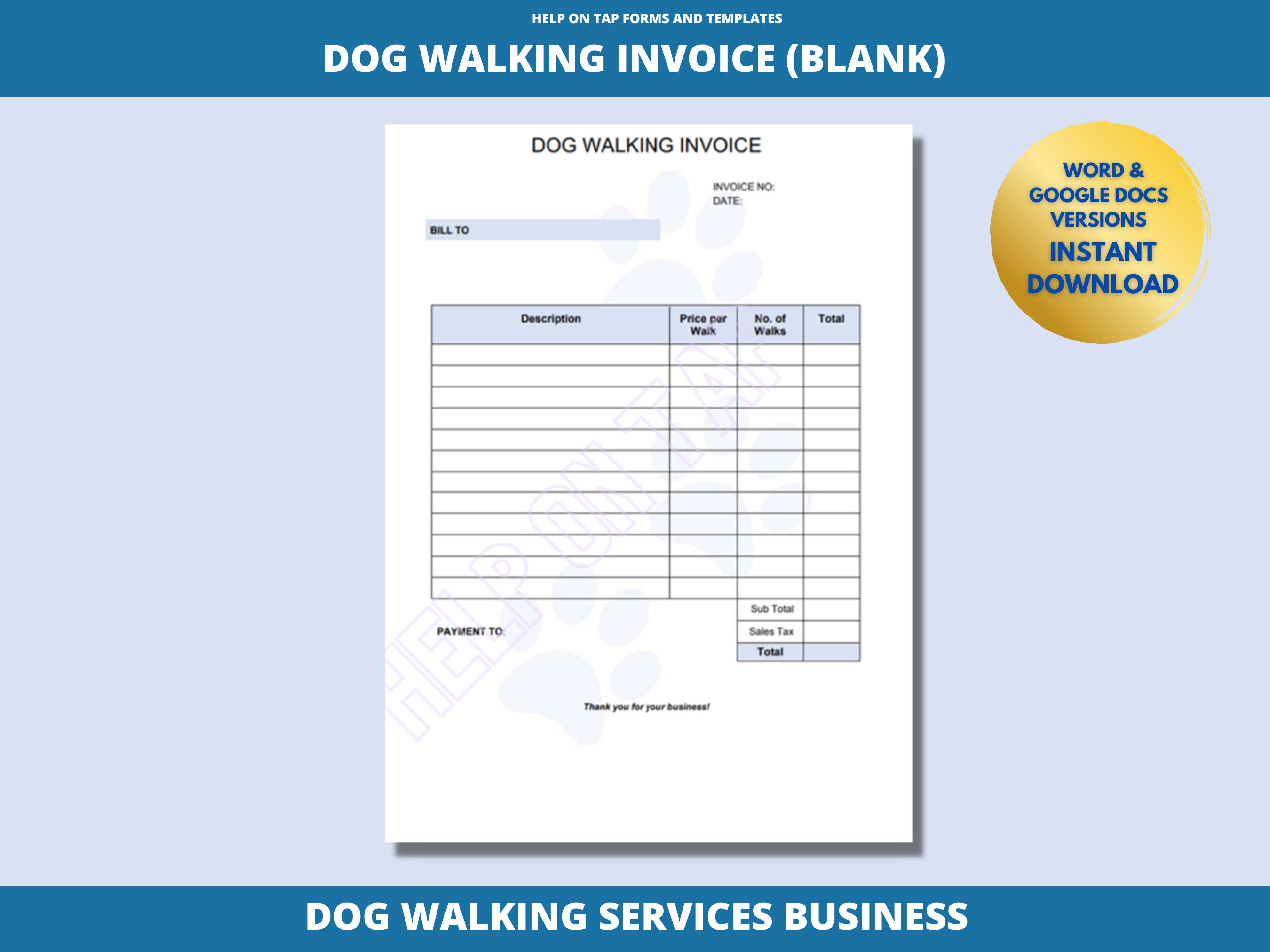Dog Walking Invoice Template blue Word Invoice Invoice - Etsy UK