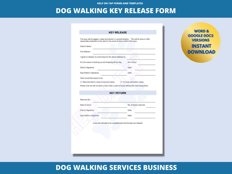 Key Release Form blue Dog Walking Key Return / Key Release - Etsy