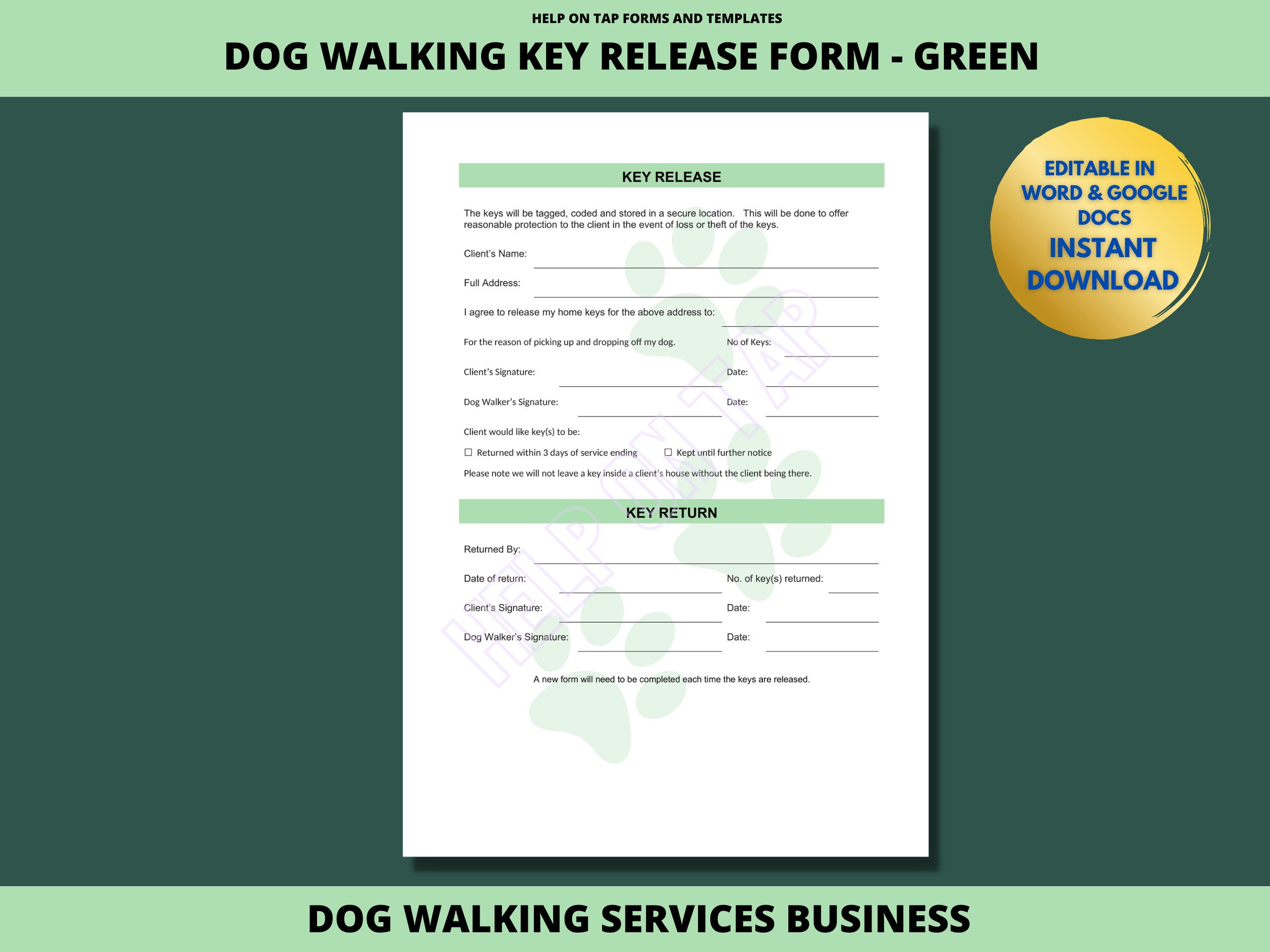 Key Release Form green Dog Walking Key Return / Key - Etsy