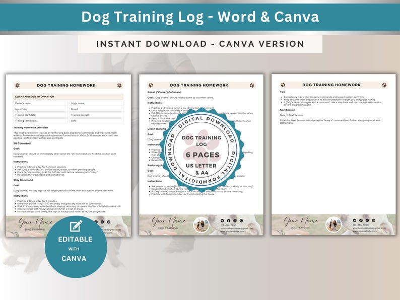 Dog Training Log Template Recording Dog Training Progress, Dog Training ...