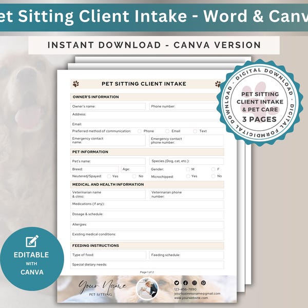 Pet Sitting Forms - Etsy