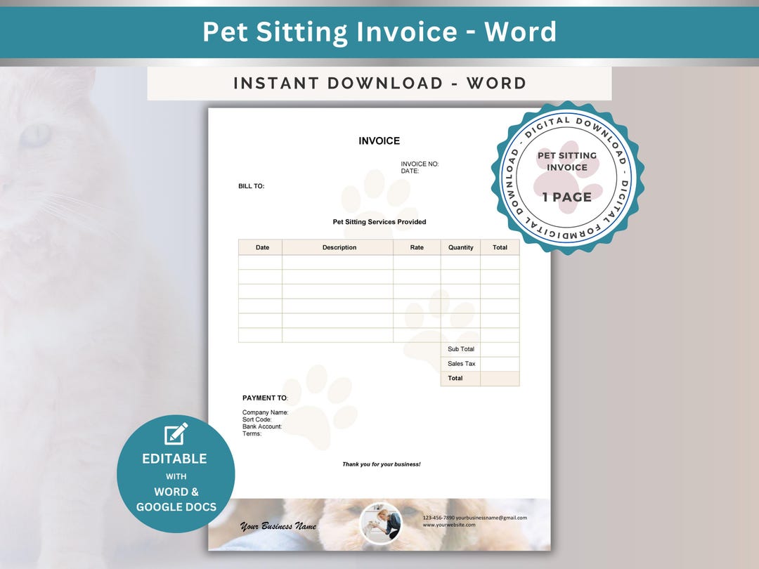 Printable Pet Sitting Invoice Template Professional Pet Sit Billing ...