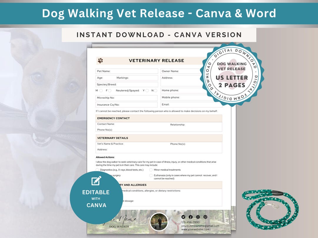 Dog Walking Veterinary Release Form Word, Canva Editable Pet Emergency ...