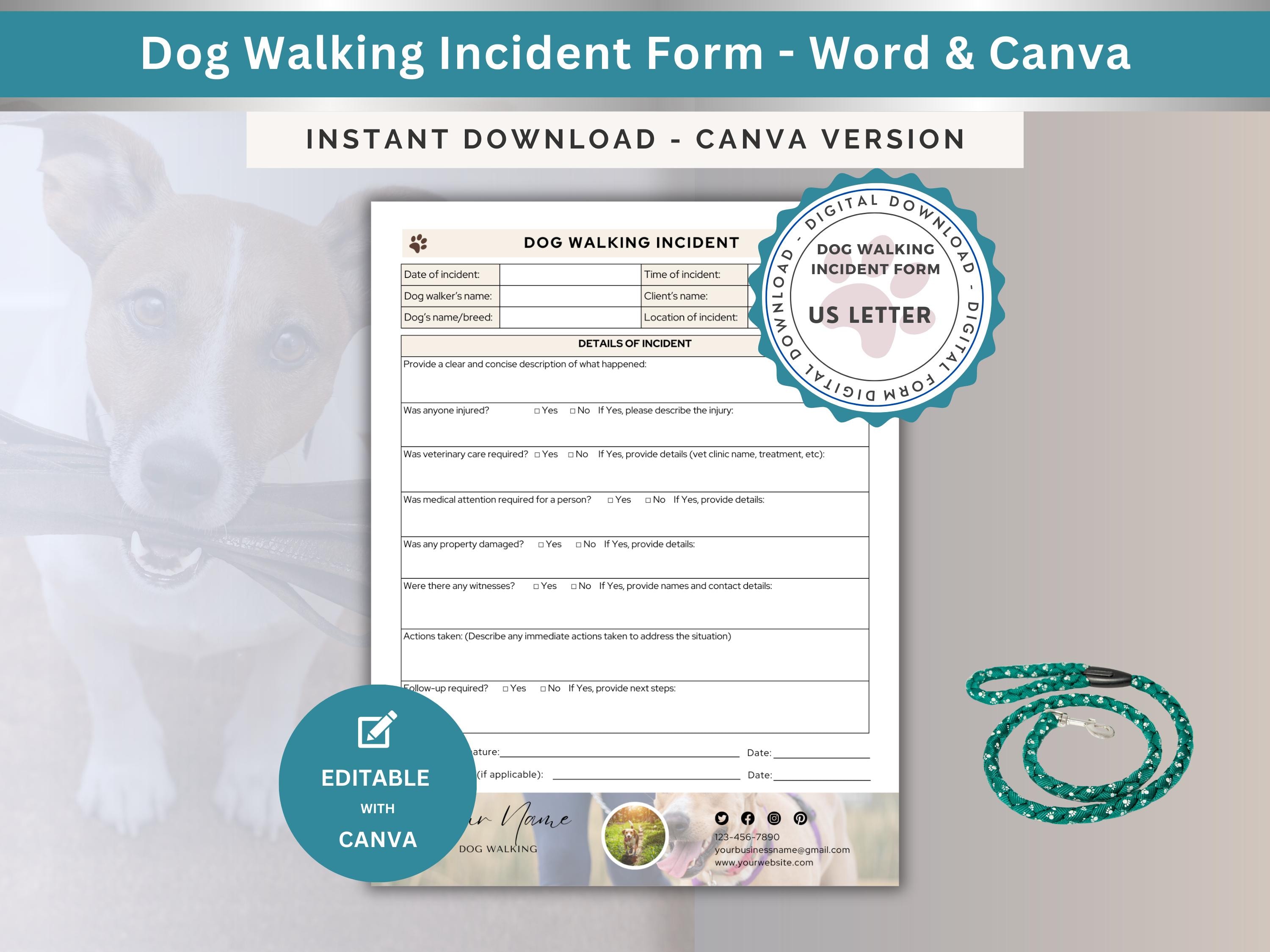 Dog Walking Incident Form Template Dog Walker Accident Report Pet ...