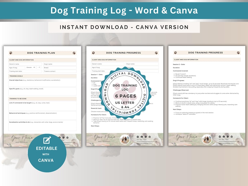 Dog Training Log Template Recording Dog Training Progress, Dog Training ...