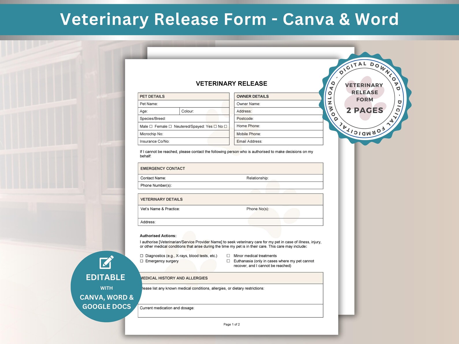 Veterinary Release Form for Emergency Animal Medical Treatment of Pet ...