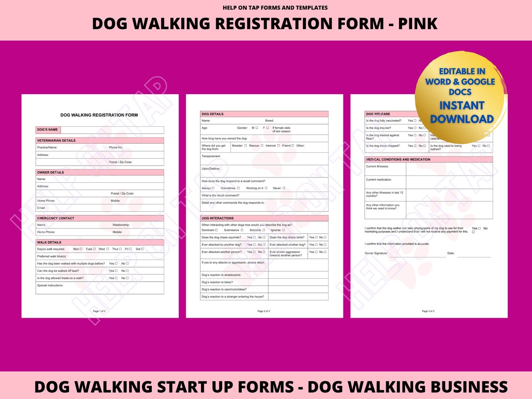 Dog Walking Registration Form light Pink Dog Services Form - Etsy