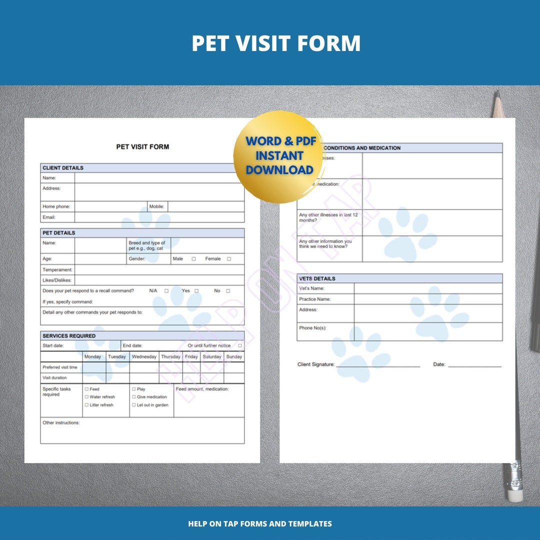 Pet Visit Form Ideal for a Pet House Visit Service New Client Pet Visit ...