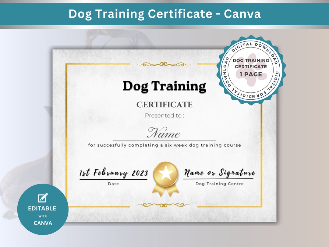 Customizable Dog Training Certificate Template (canva & PDF) - Etsy