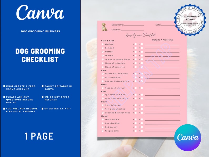 Dog Checklist for Groomer (pink) - Canva | Dog Grooming Checklist | Pet ...