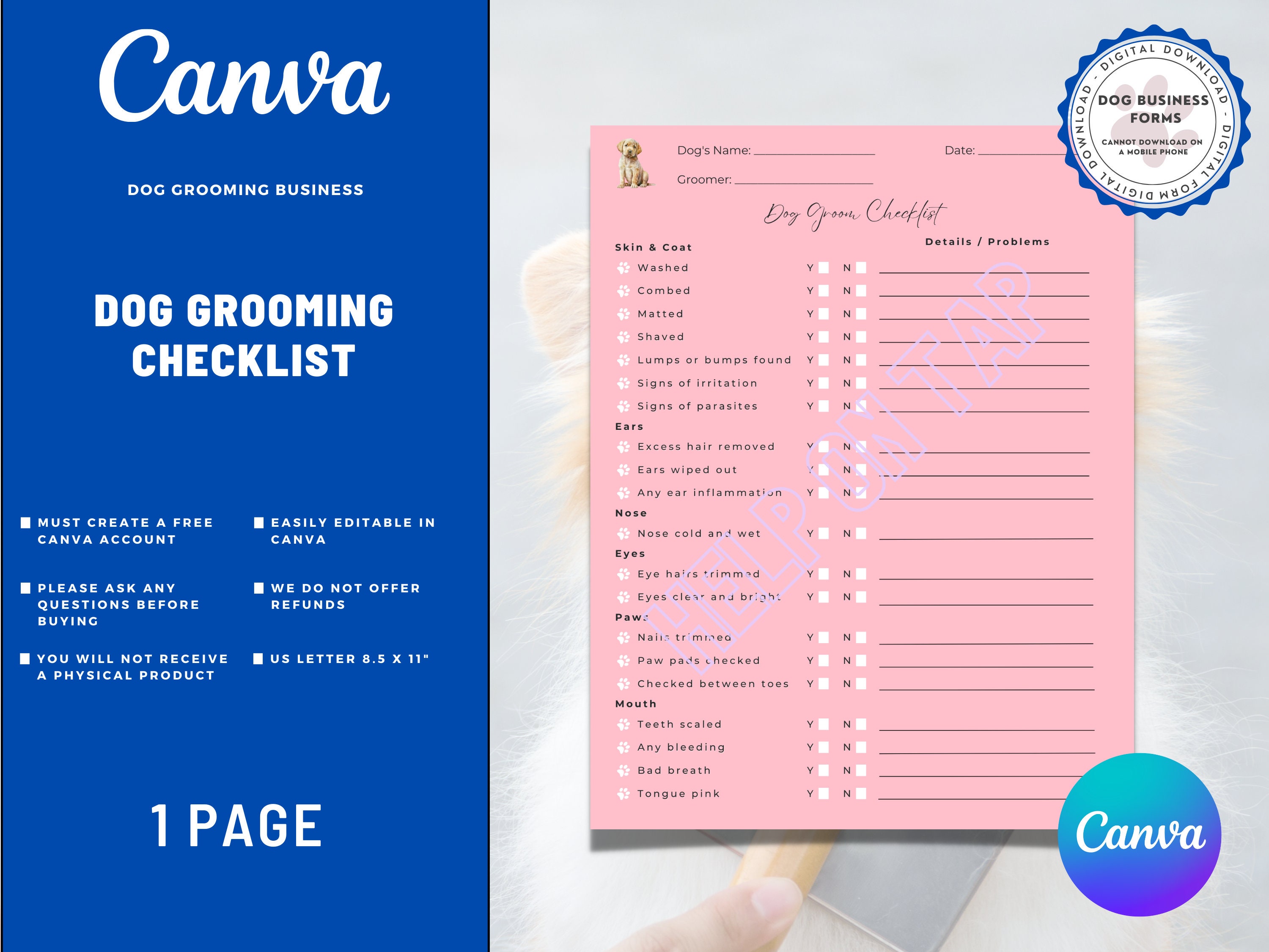 Dog Checklist for Groomer (pink) - Canva | Dog Grooming Checklist | Pet ...