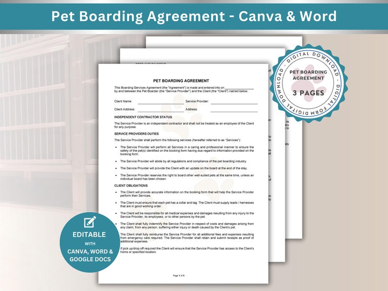 Dog Boarding Contract Template, In-home Dog Boarding Waiver Paperwork, Cat Boarding Form, Terms ...