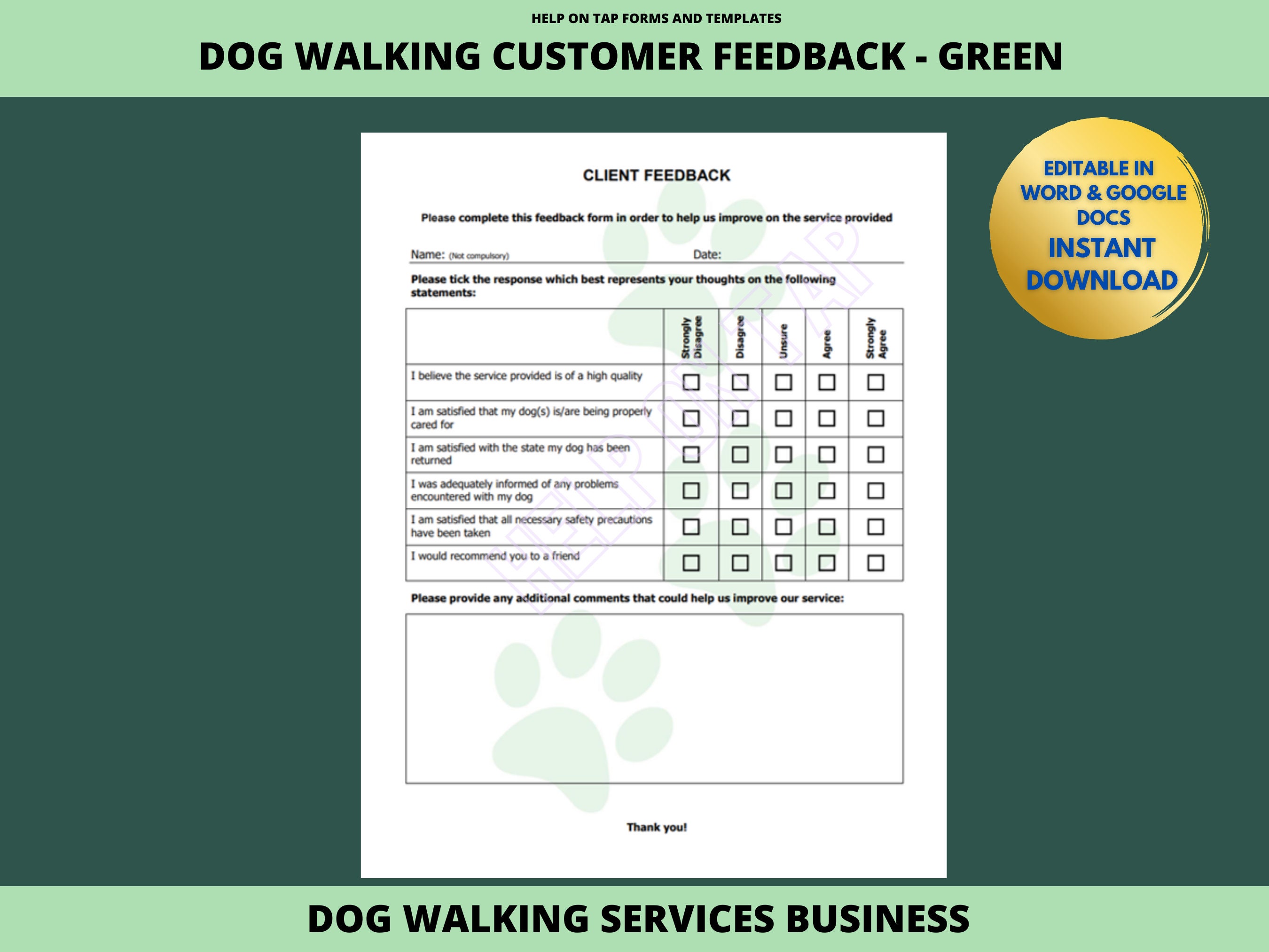 Dog Business Client Feedback Form Word green Client - Etsy