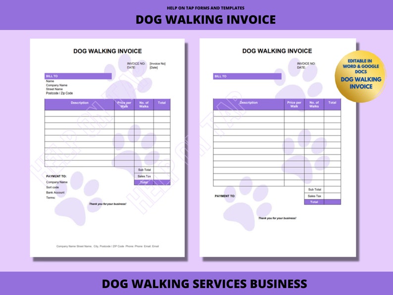 Dog Walking Invoice Template Purple Word Invoice Invoice Etsy
