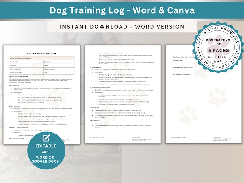 Dog Training Log Template Recording Dog Training Progress, Dog Training ...