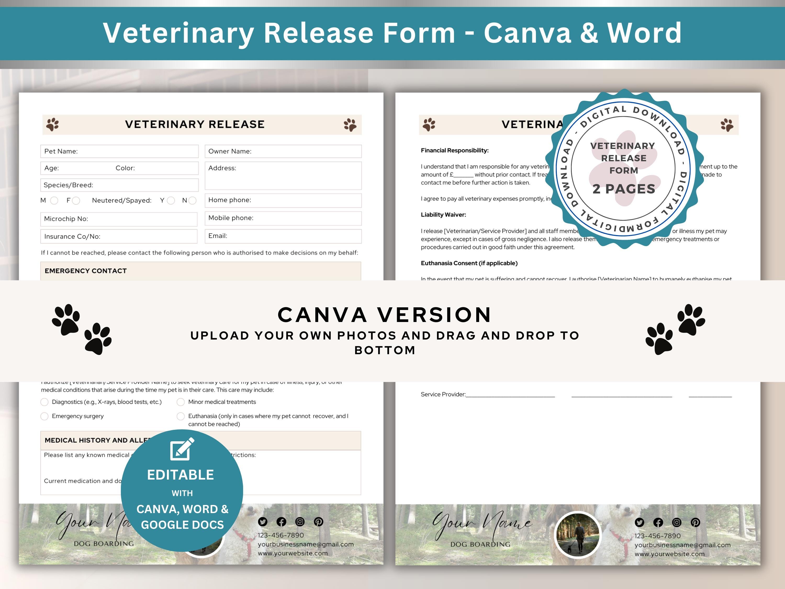 Veterinary Release Form for Emergency Animal Medical Treatment of Pet ...