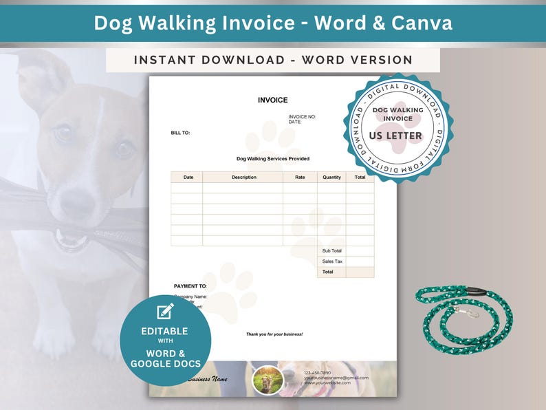 Printable Dog Walking Invoice Template Walking Receipt Professional Pet ...